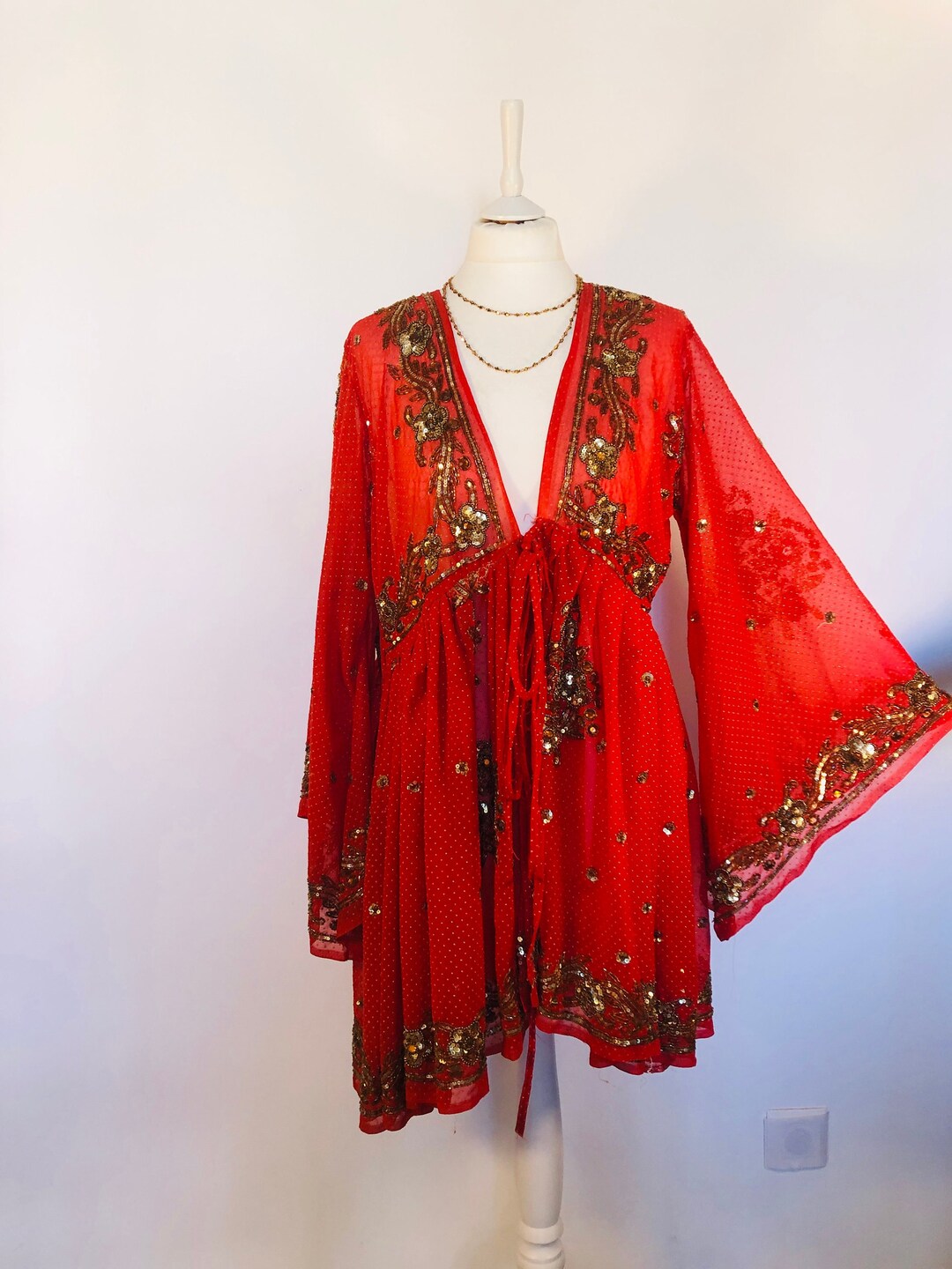 Boho Sequinned Jacket,beaded Party Top,orange Gold Frock Coat ...