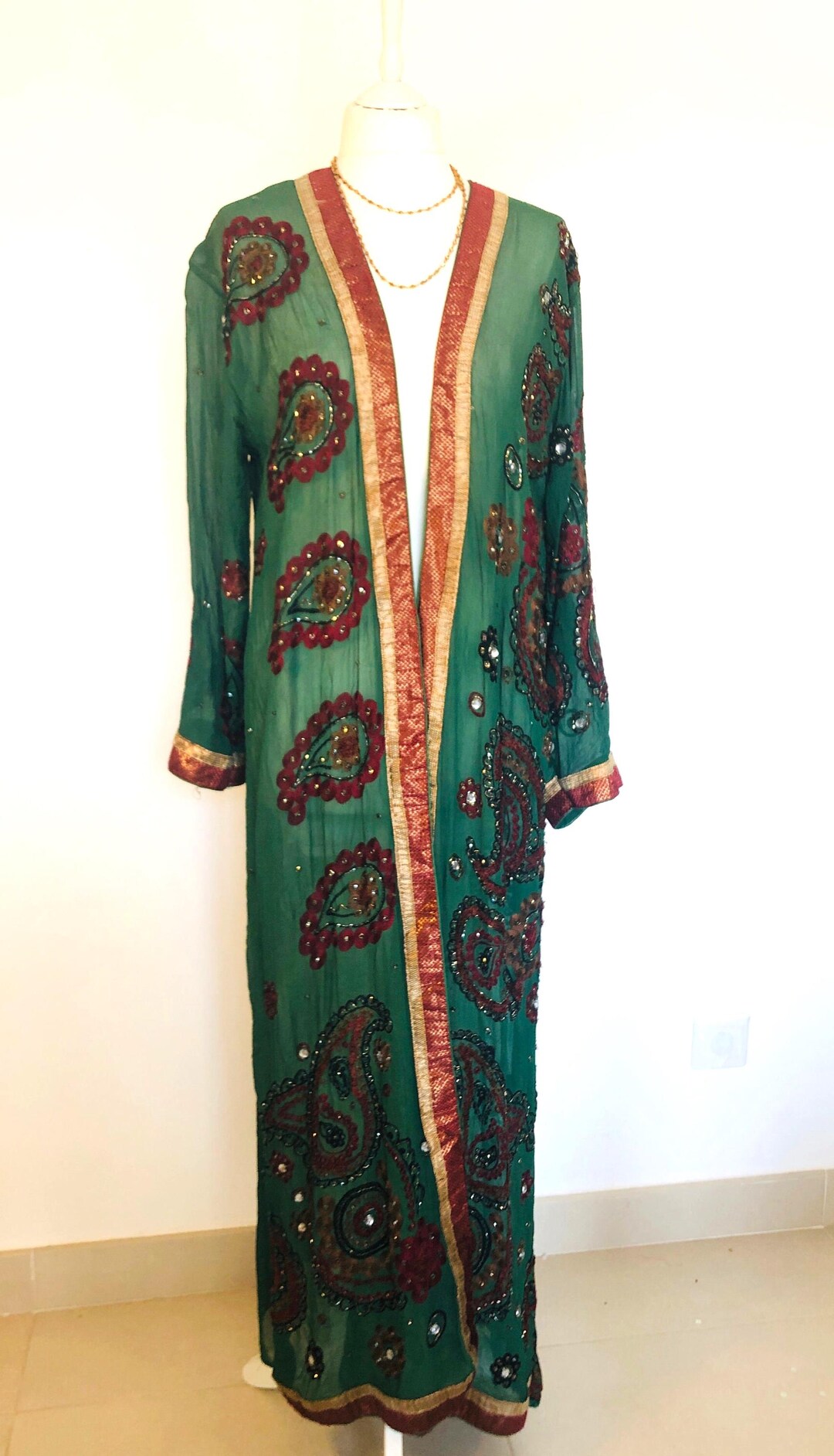 Boho Green Beaded Kimono: Embroidered Silk Sari Robe, Sequin Party ...