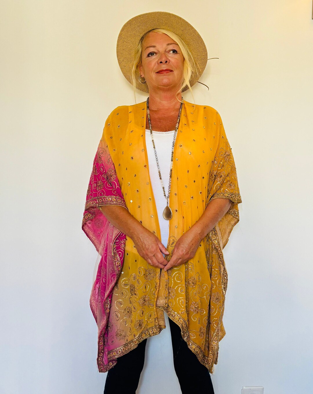 Boho Sequinned Jacket,embellished Cover Up,beaded Party Robe,pink and ...