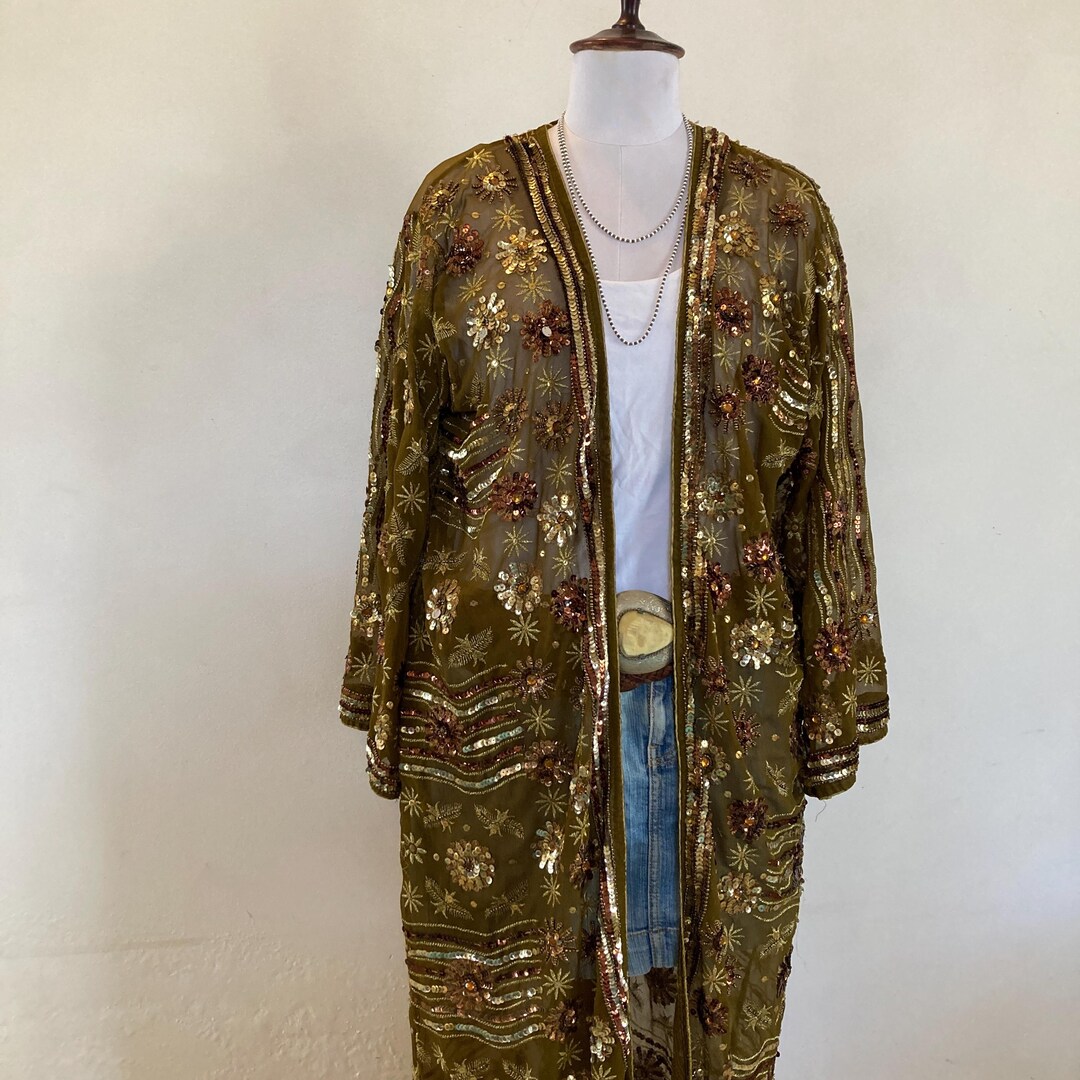 Boho Sequinned Kimono,green and Gold Beaded Jacket,unique Long Robe ...