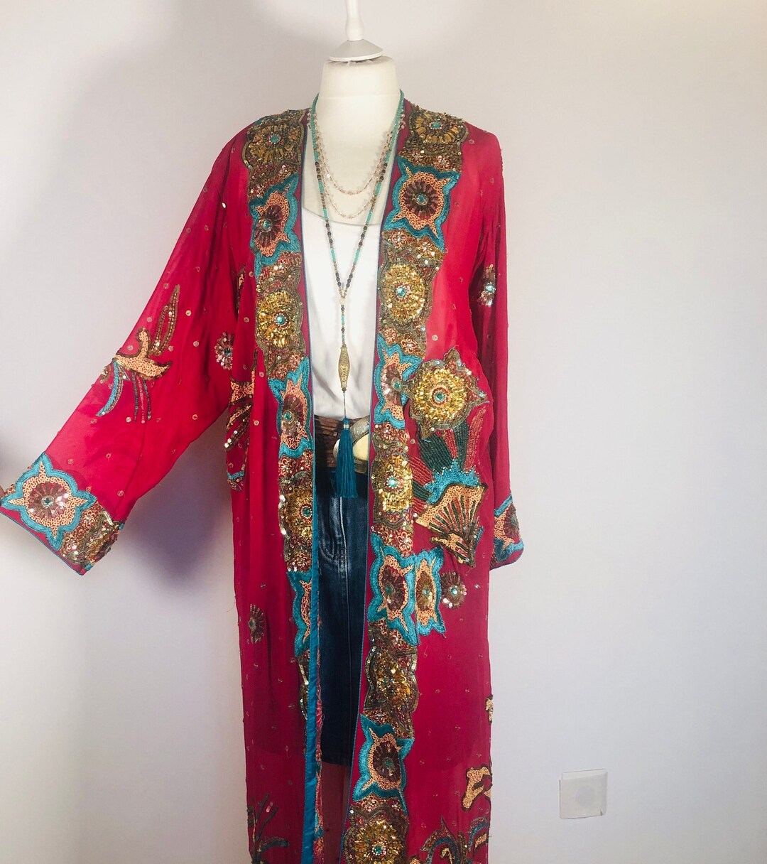 Boho Beaded Duster,sequinned Party Jacket,unique Embroidered Kimono,70s ...