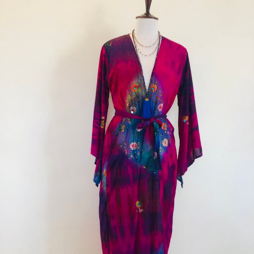 Boho Pink Sequinned Jacket,unique Long Kimono,goddess Party Robe,beaded ...