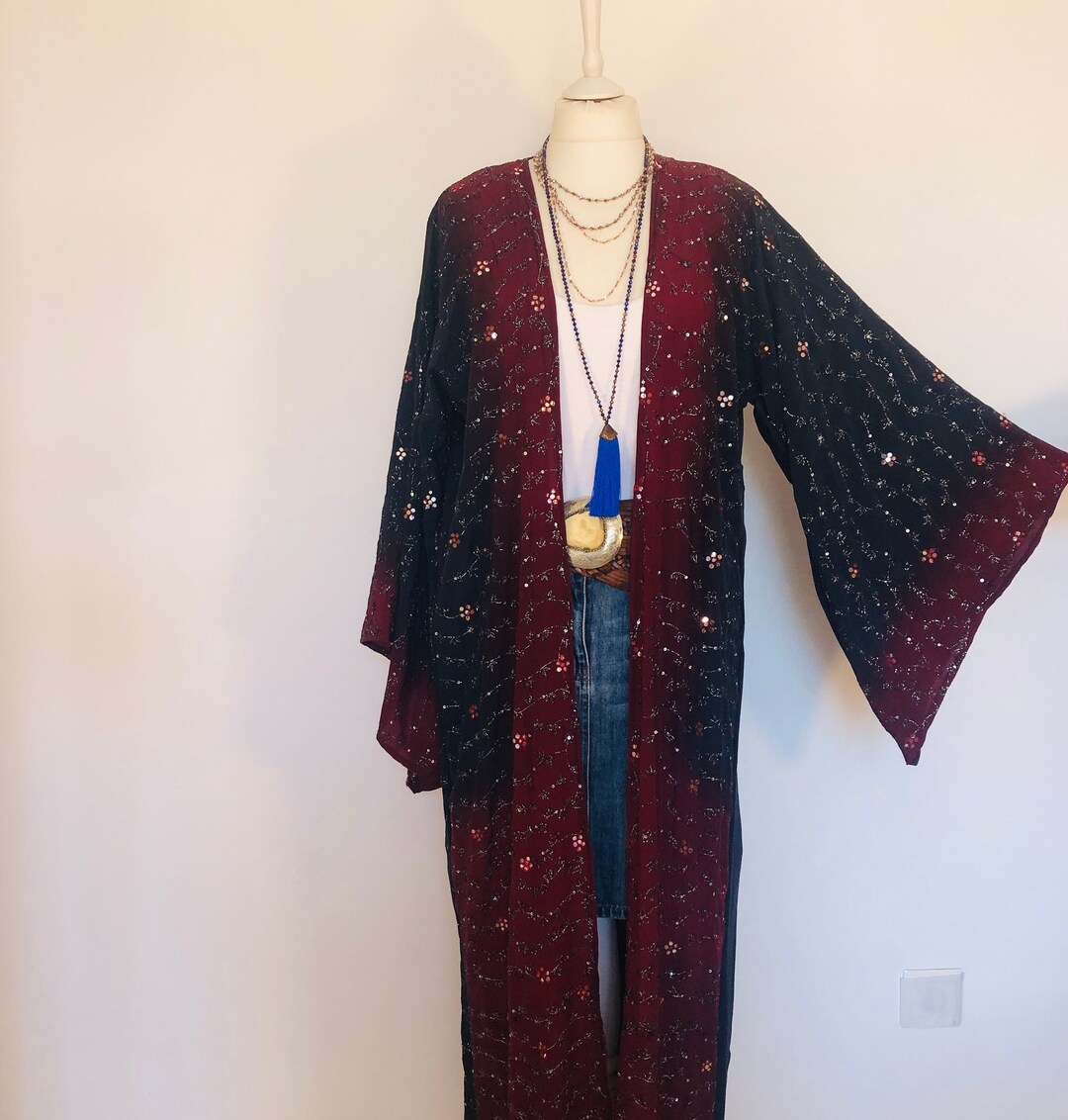 Boho Sequinned Jacket,bell Sleeves Kimono,70s Hippy Duster,holidays ...