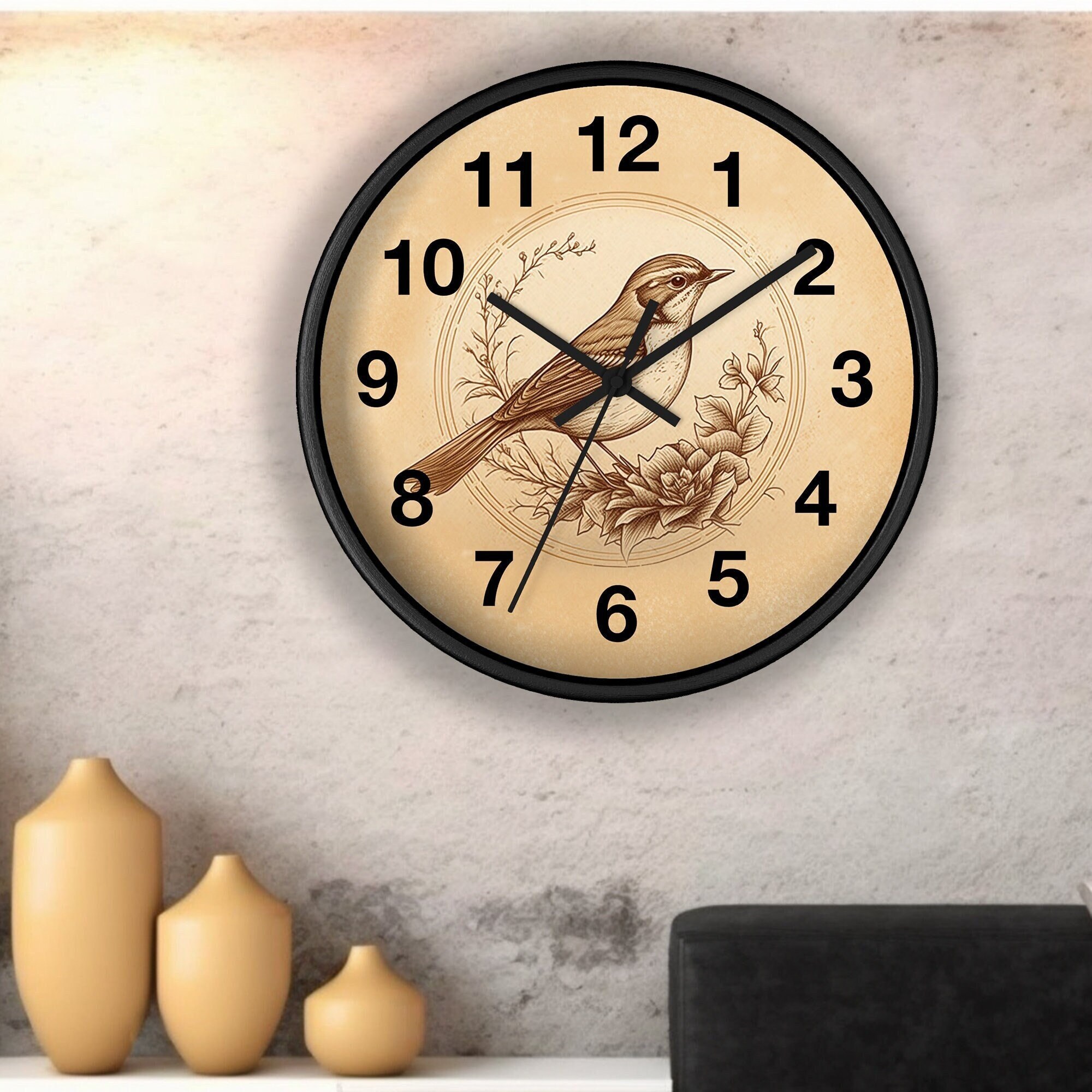 Bird Vintage Style Round Wall Clock Antique Style Decor. Black Wall ...