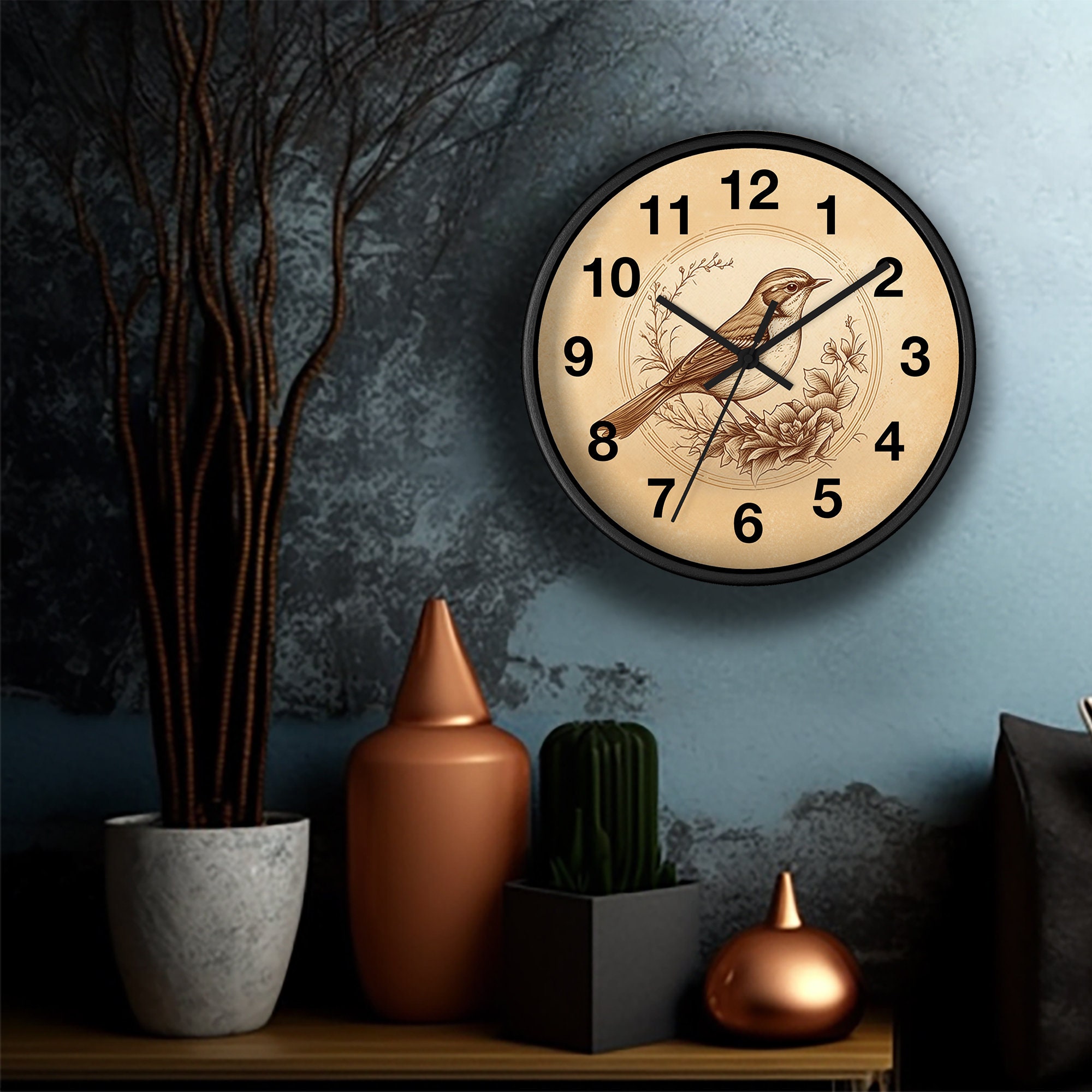 Bird Vintage Style Round Wall Clock Antique Style Decor. Black Wall ...