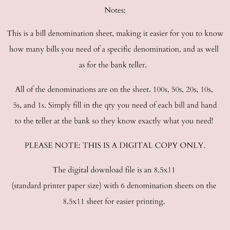 Bill Denomination Cash Breakdown Sheet for Bank Teller DIGITAL DOWNLOAD ...