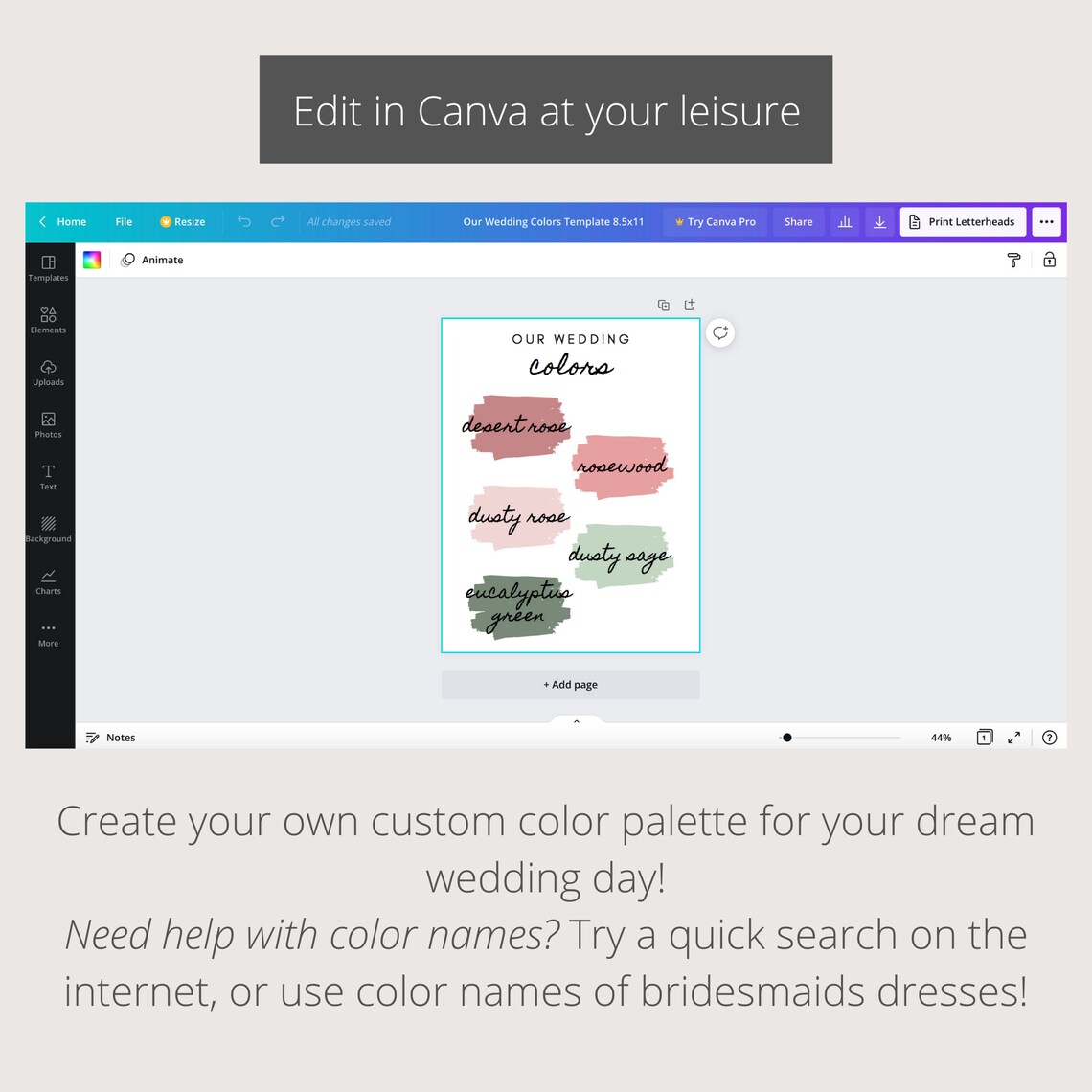 CUSTOM Wedding Colors TEMPLATE | Design in CANVA | Bridal Party Colors ...