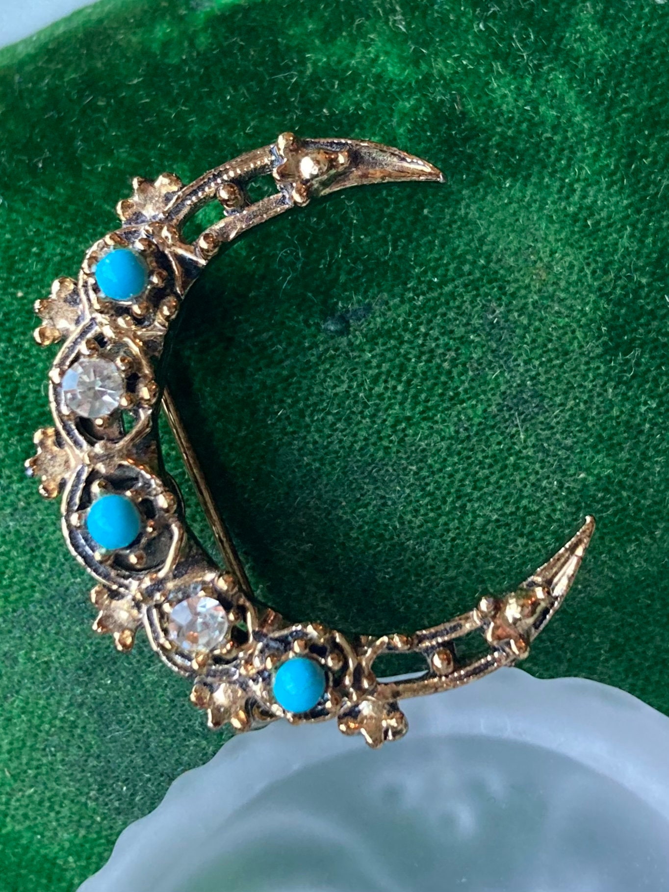 Vintage Crescent Moon Brooch With Turquoise and Clear Stones - Etsy