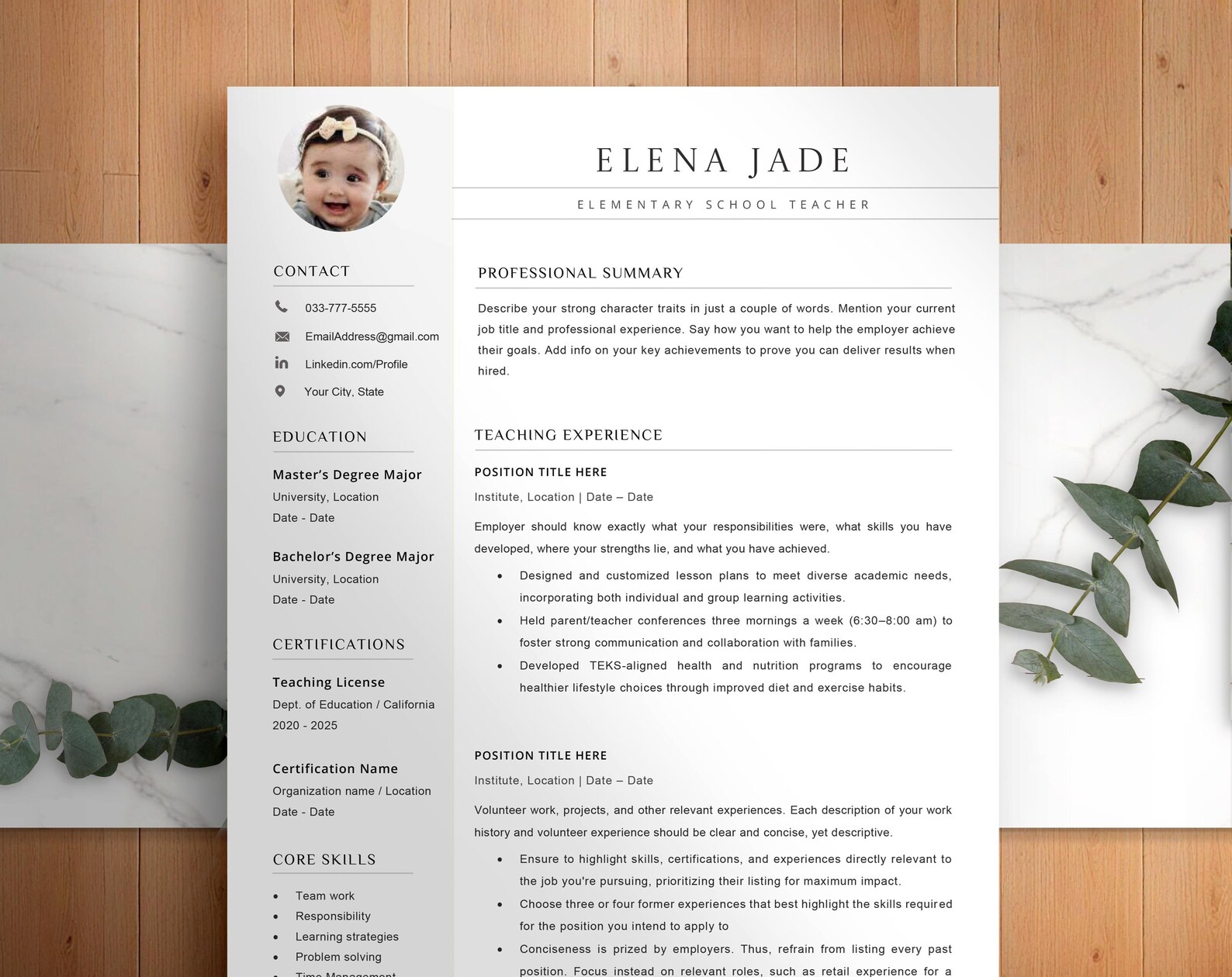 Teacher Resume Template Google Docs and MS Word | Elementary High ...