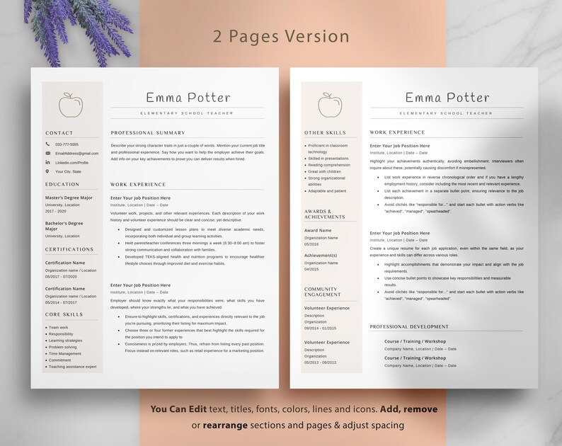Teacher Resume Template Word Google Docs, Teaching Resume + Cover ...
