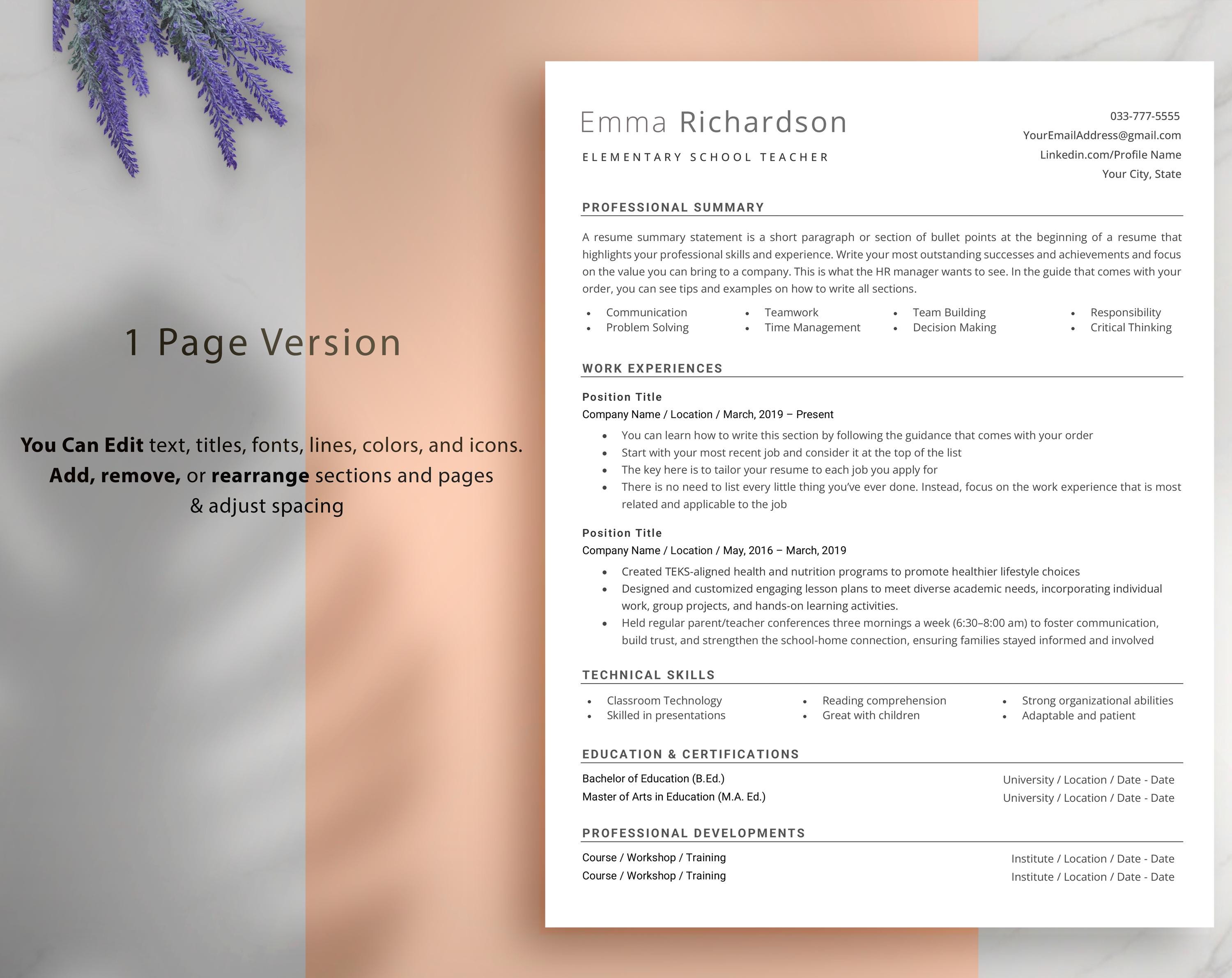 Ats-compliant Teacher Resume Template | Editable Teaching CV for ...