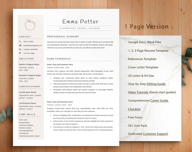 Teacher Resume Template Word Google Docs, Teaching Resume + Cover ...