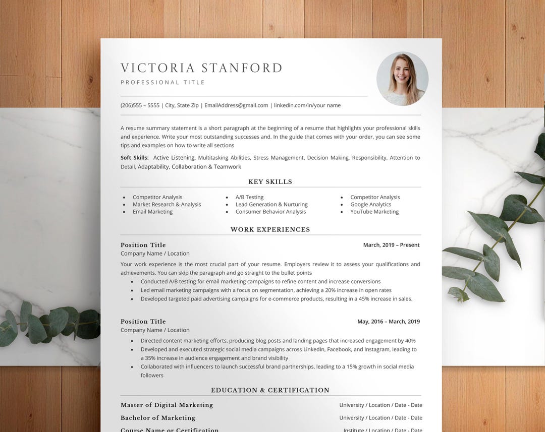 Professional One-column Resume Template With Photo | 1, 2 Page CV ...