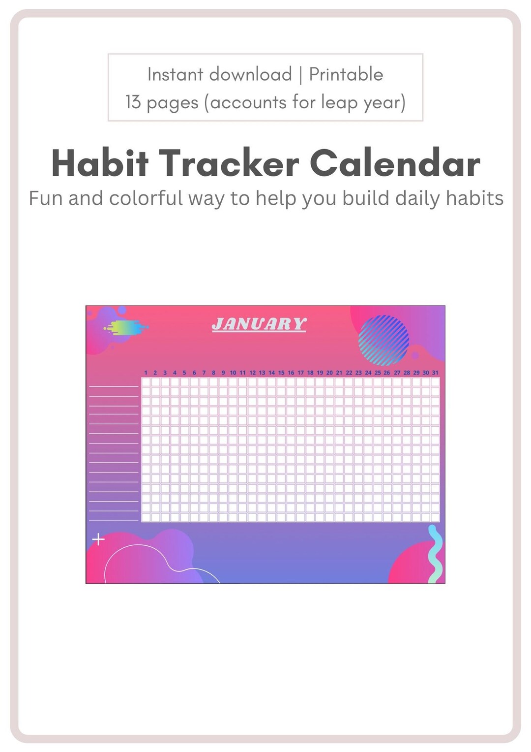Simple Monthly Habit Tracker Calendar, Printable, List up to 15 Habits ...