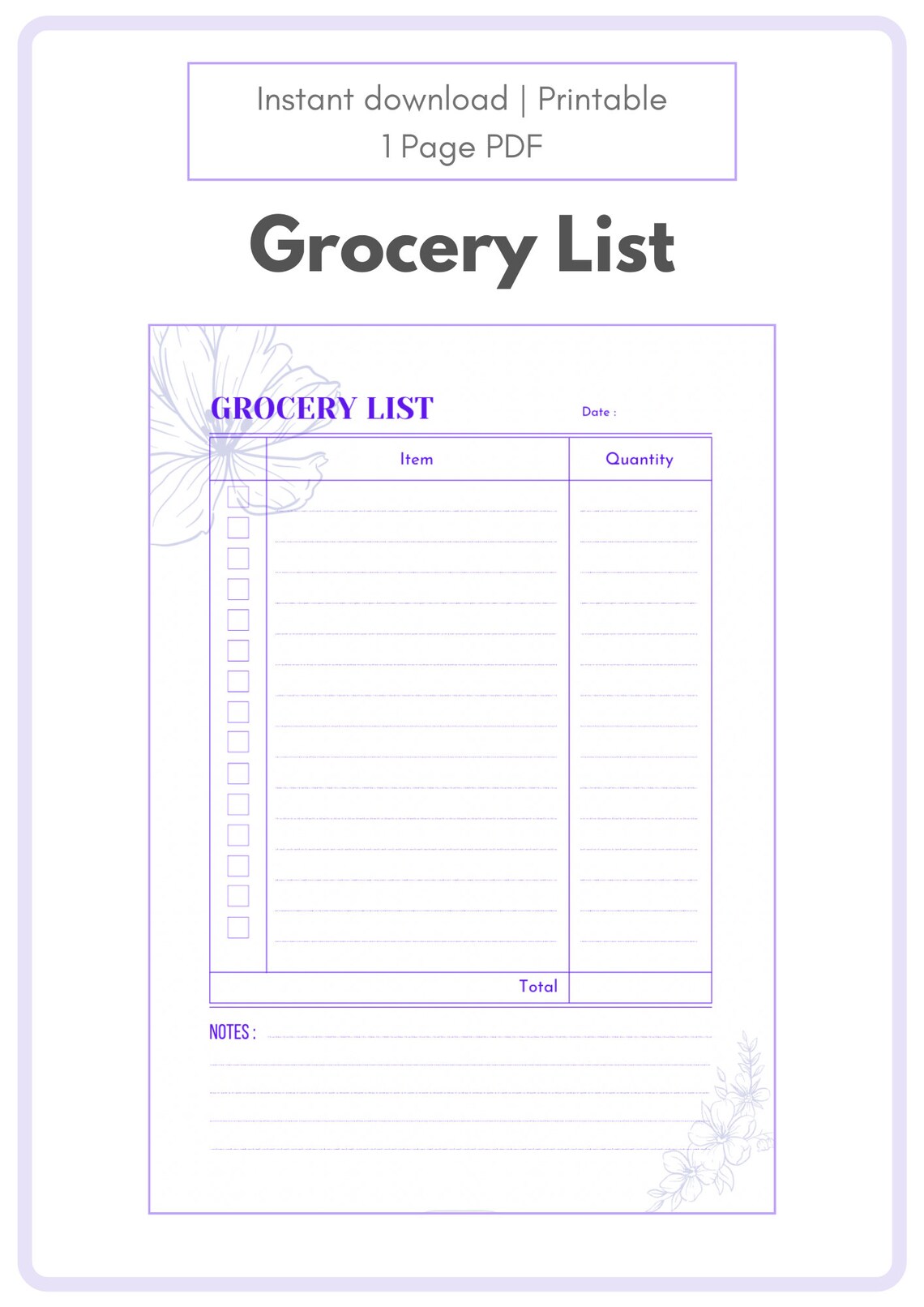 Printable Downloadable Fillable PDF Grocery List Template Minimalist ...