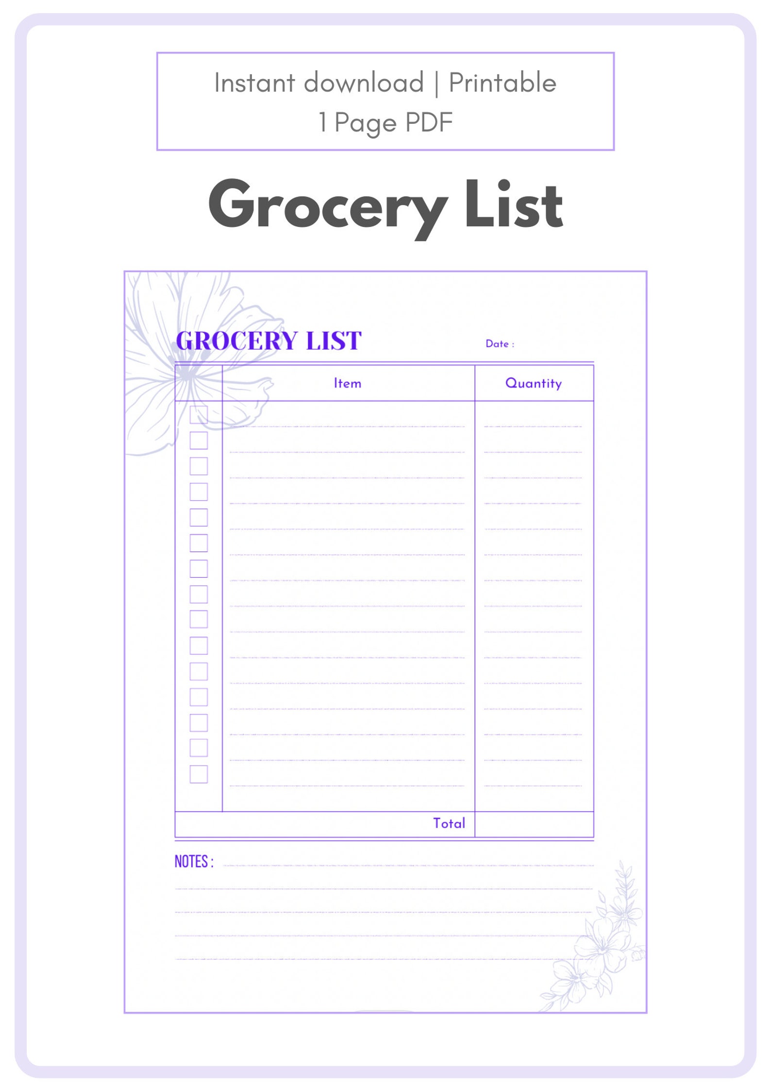Printable Downloadable Fillable PDF Grocery List Template Minimalist ...