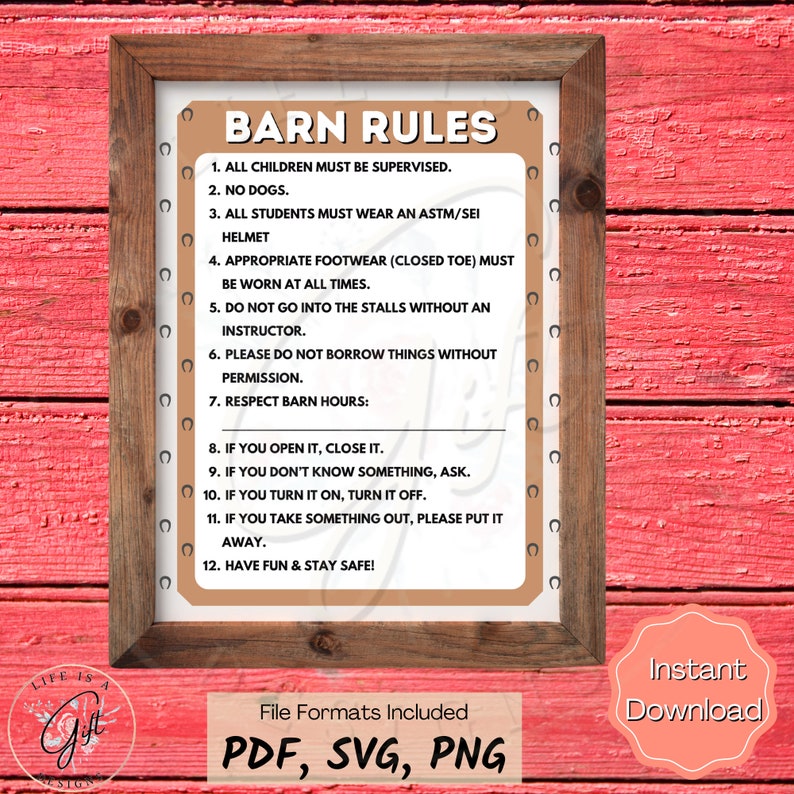 Barn Rules Printable Poster, Pdf Svg Png, Horseshoe Barn Safety Rules ...