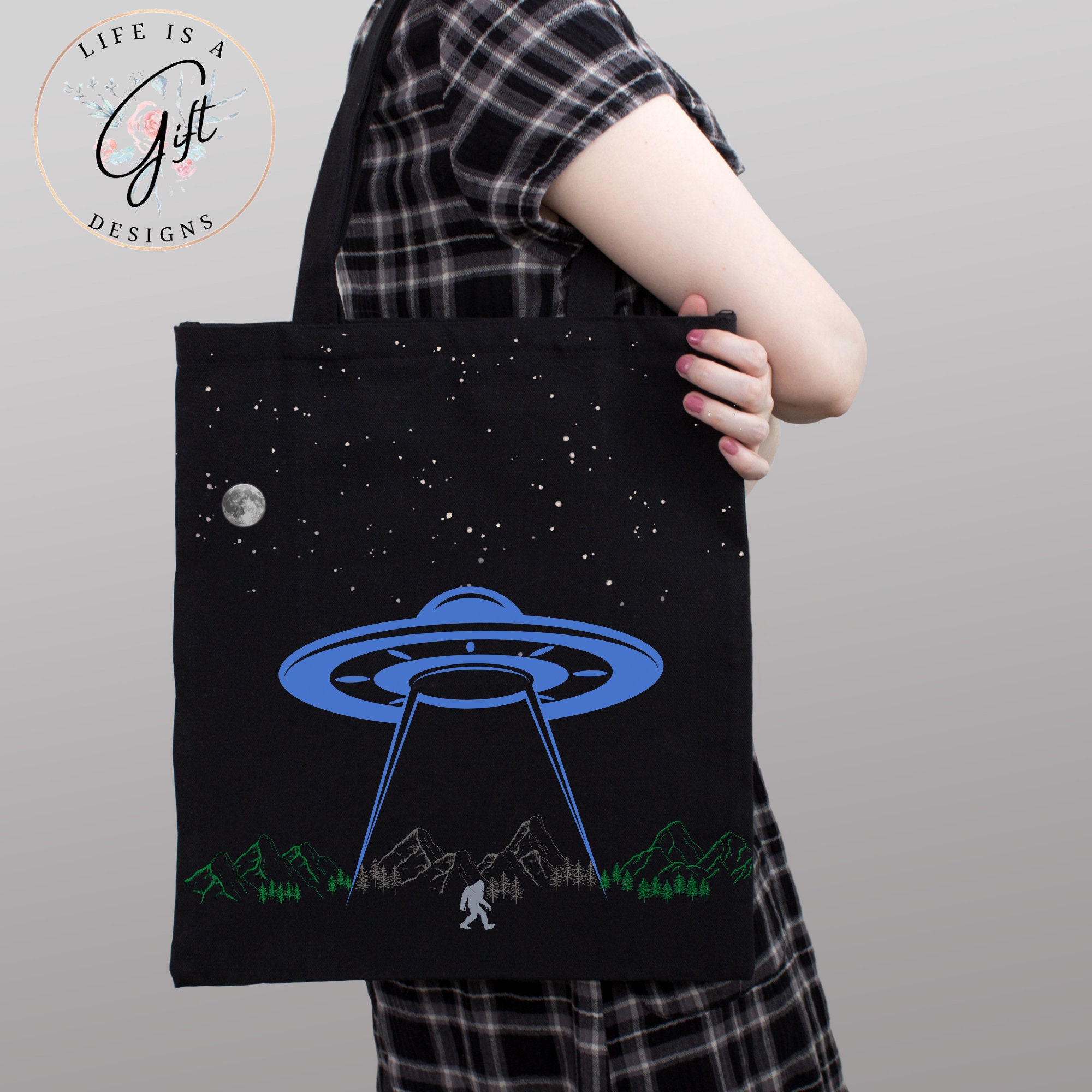 UFO and Sasquatch Moon and Stars Black Tote Bag Cryptids - Etsy
