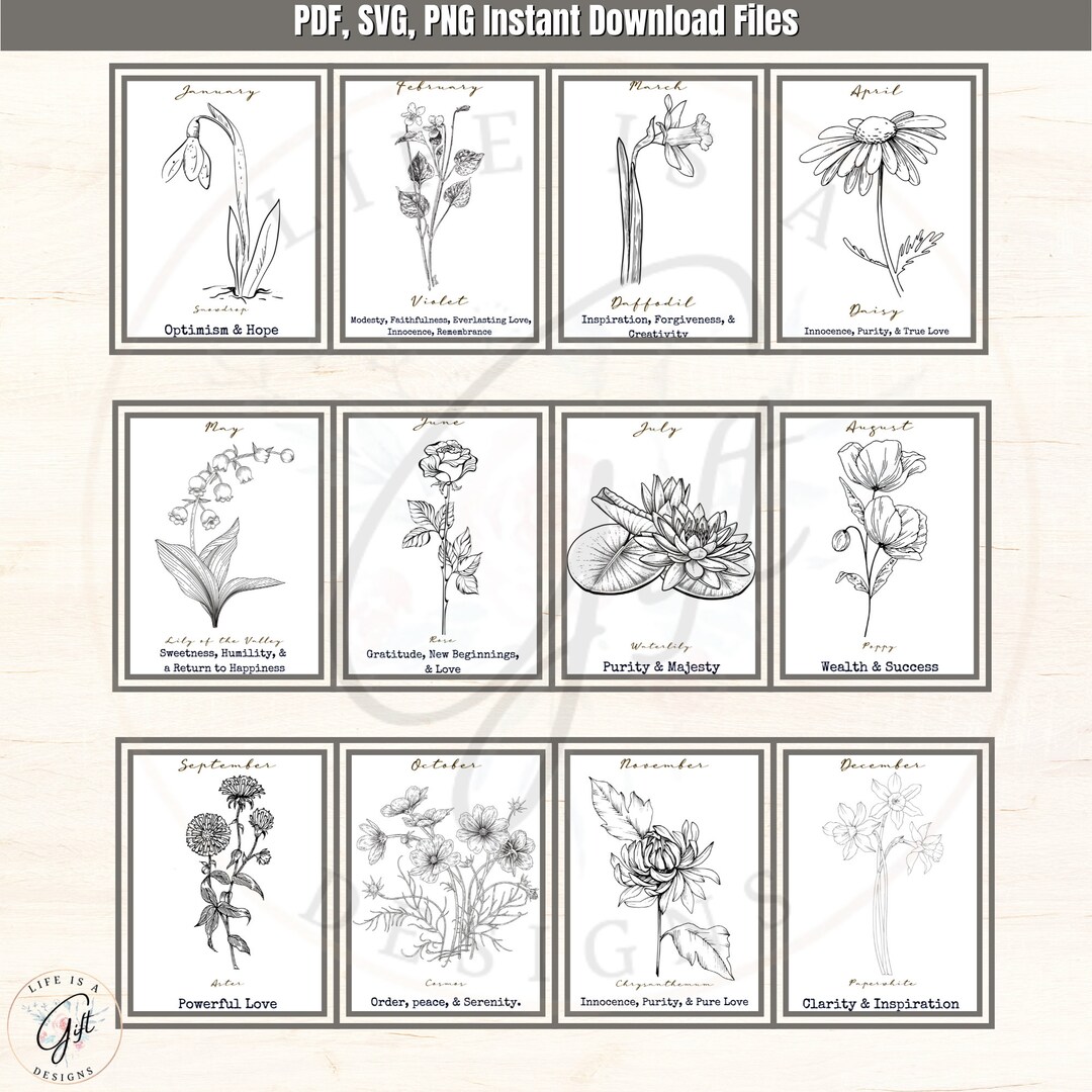 Birth Month Flower Print, Lined Flower Birth Month Print, Minimalist ...