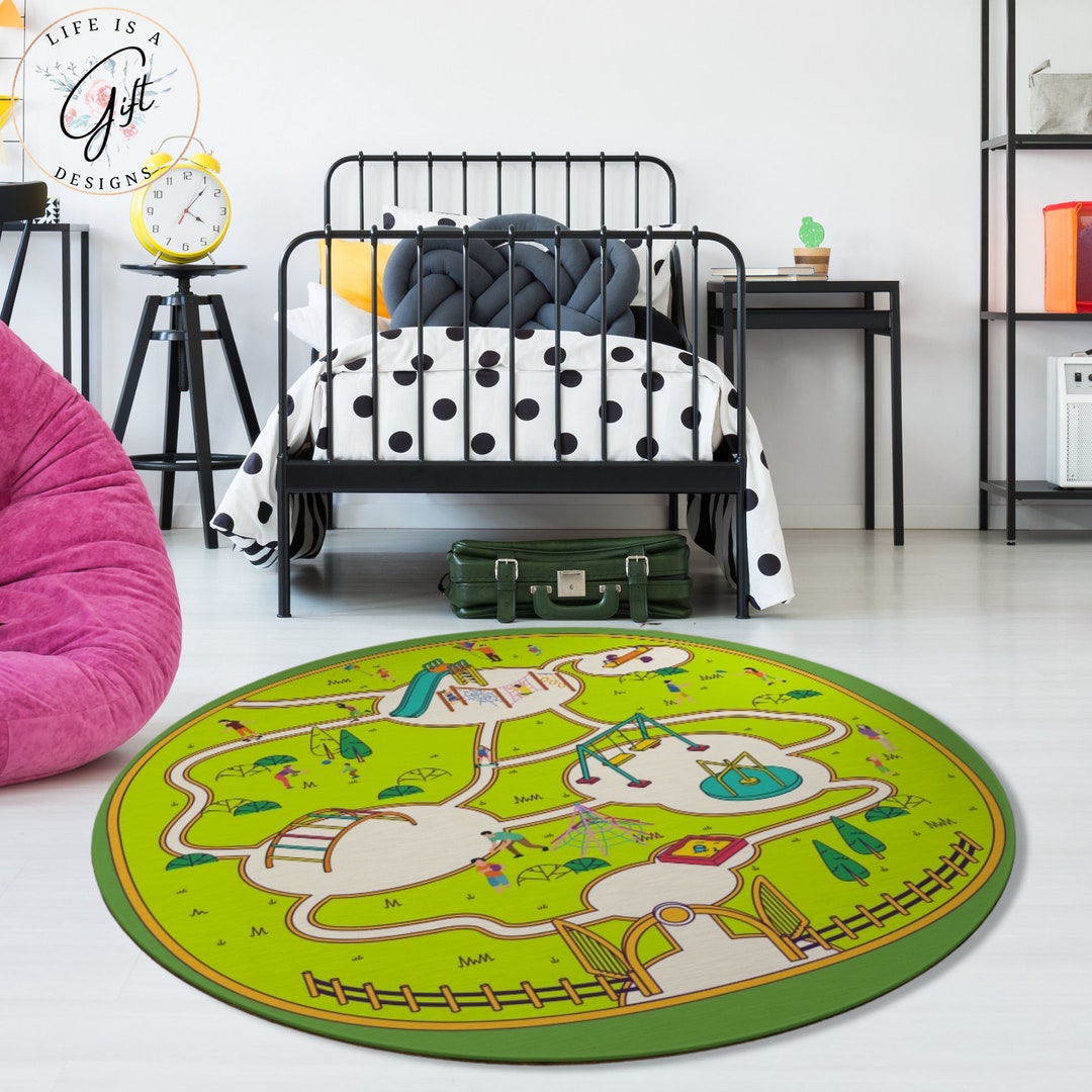 Playground Map Round Rug, Kids Playroom Map Rug, Car Playing Road Rug ...