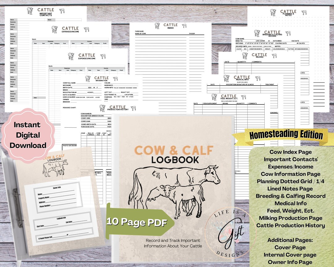 Cow and Calf Printable Logbook, Instant Download, Record Keeping Cattle ...