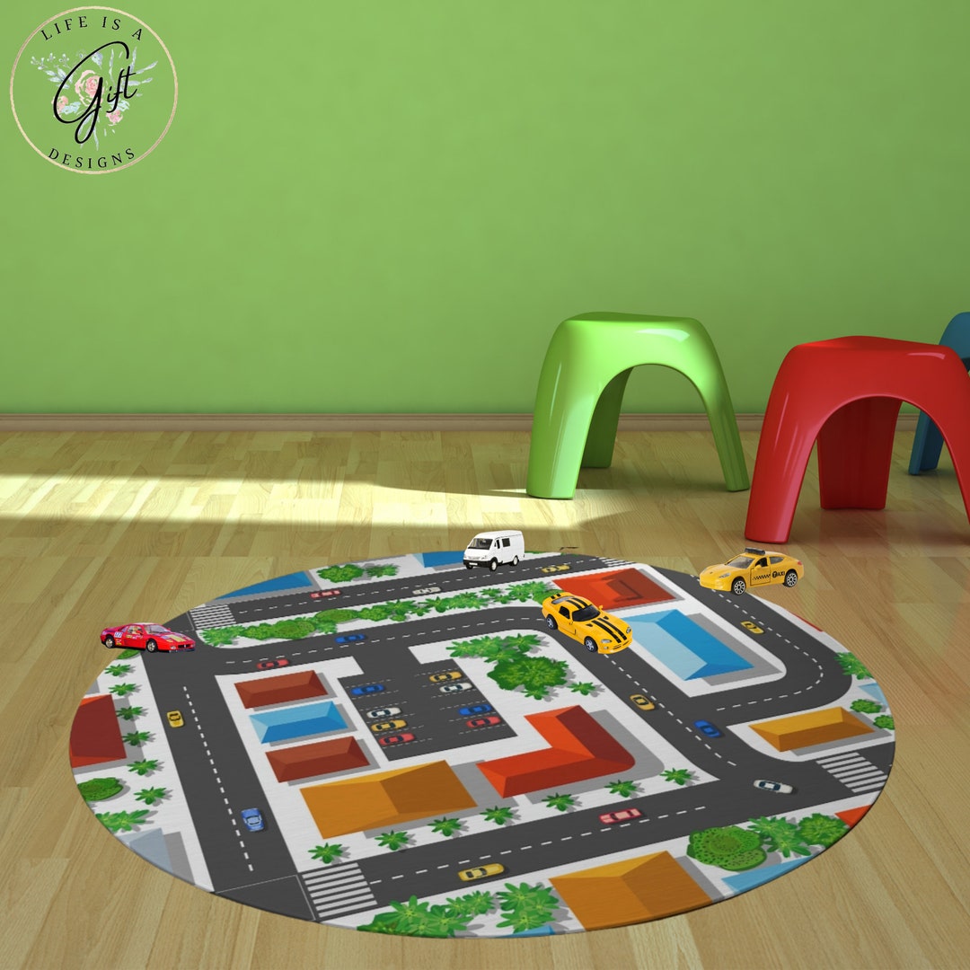 City Roads Round 5 Ft Rug, Kids Car Playing Rug, Bedroom Aesthetic Rugs ...