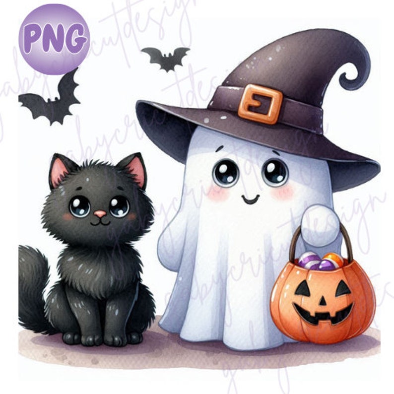 Cute Ghost and Cat PNG, Cute Watercolor Ghost PNG Digital File ...