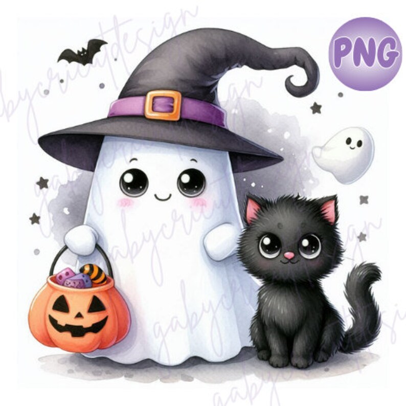Cute Ghost and Cat PNG, Cute Watercolor Ghost PNG Digital File ...