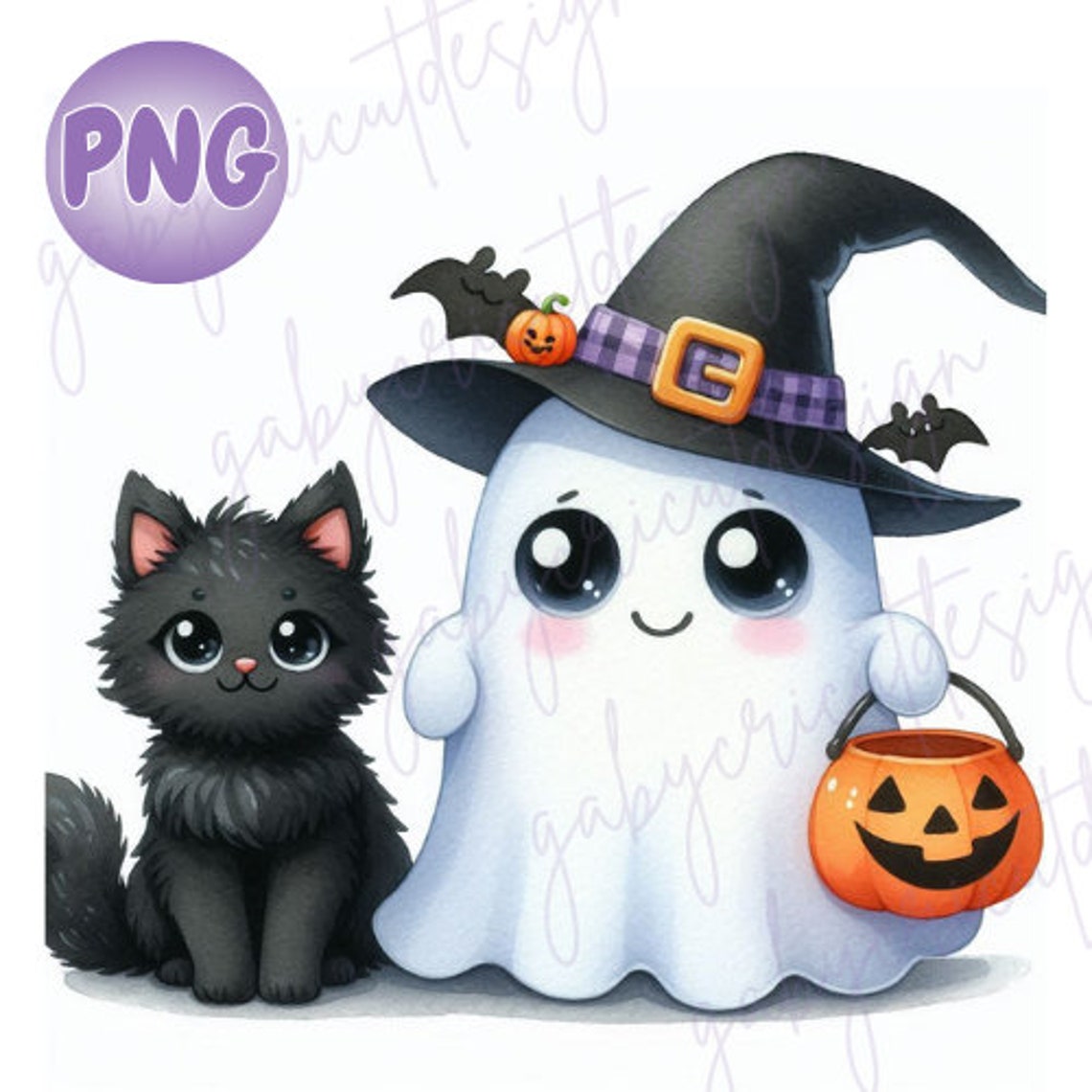 Cute Ghost and Cat PNG, Cute Watercolor Ghost PNG Digital File ...