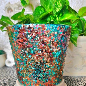 Mosaic Glitter Plant Pot, Holo Light Green & Rose Gold, Plant Lover ...