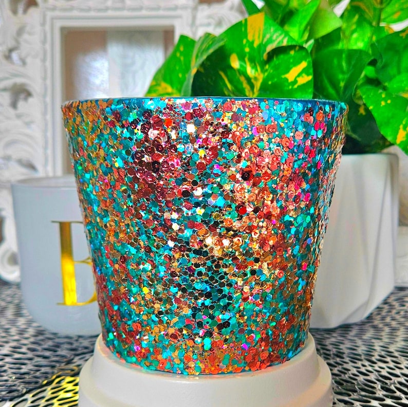 Mosaic Glitter Plant Pot, Holo Light Green & Rose Gold, Plant Lover ...