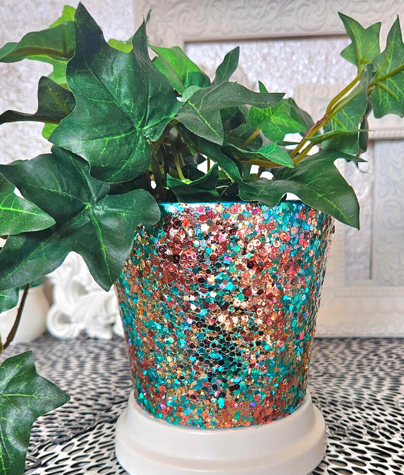 Mosaic Glitter Plant Pot, Holo Light Green & Rose Gold, Plant Lover ...