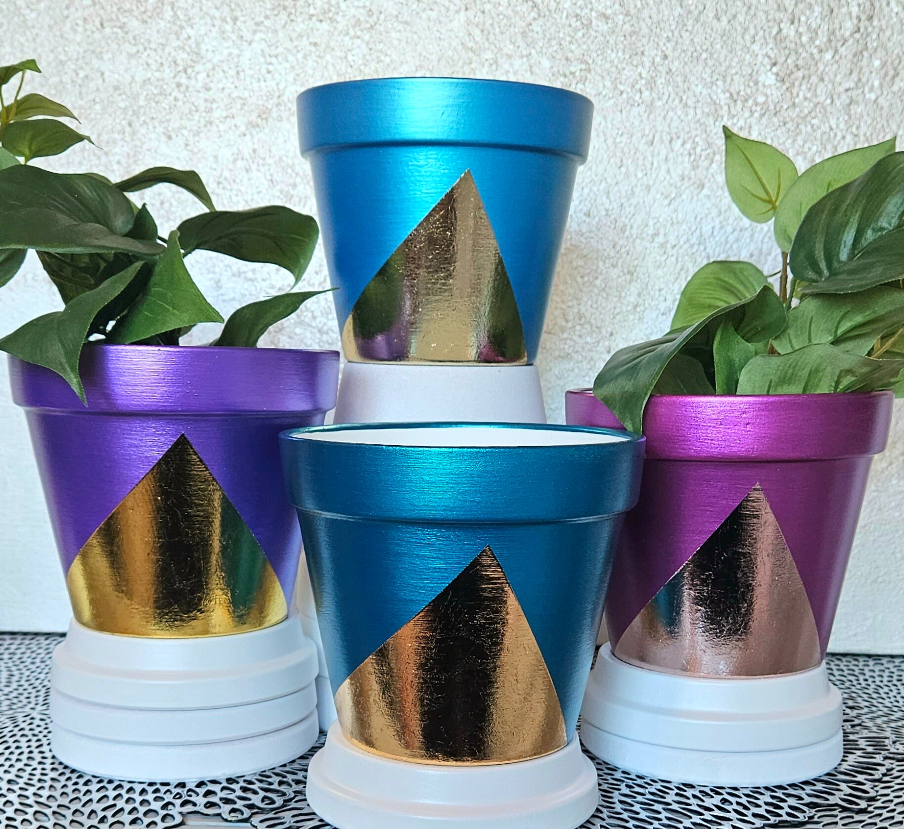 6 Colorful Plant Pots W/ Metallic Leafing, Light Blue W/ Champagne ...