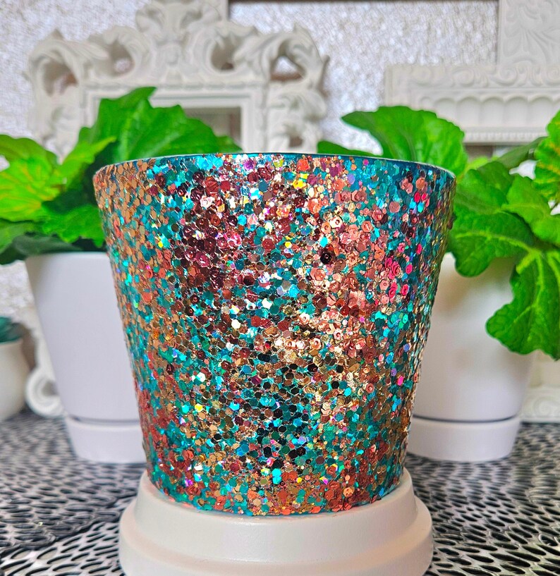 Mosaic Glitter Plant Pot, Holo Light Green & Rose Gold, Plant Lover ...