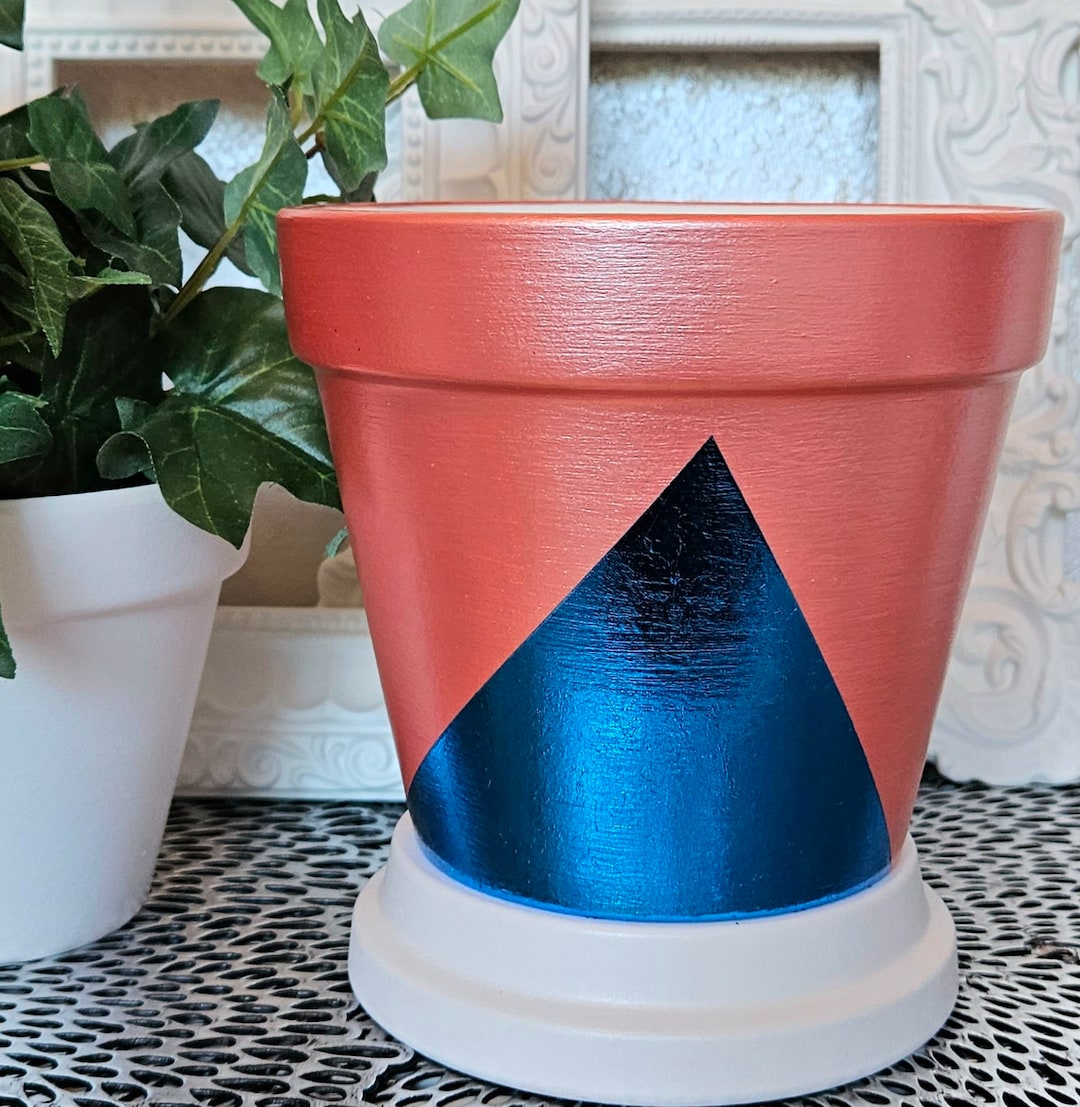 6" Colorful Plant Pots W/ Metallic Foil Leafing, Peach W/ Blue, Blue W ...