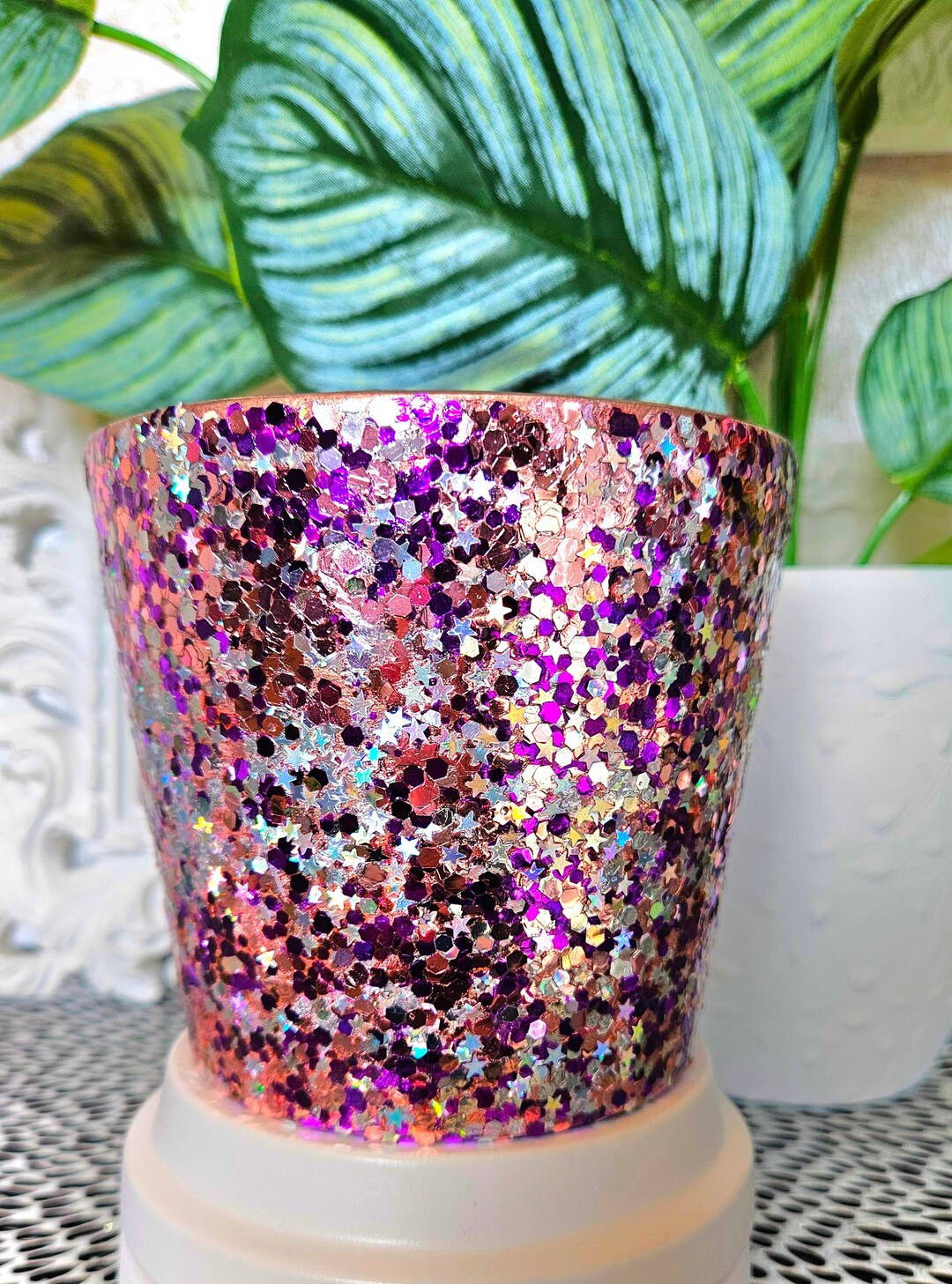 Mosaic Glitter Plant Pot, Holo Rose Gold & Purple, Plant Lover, Gift for Her, Housewarming ...