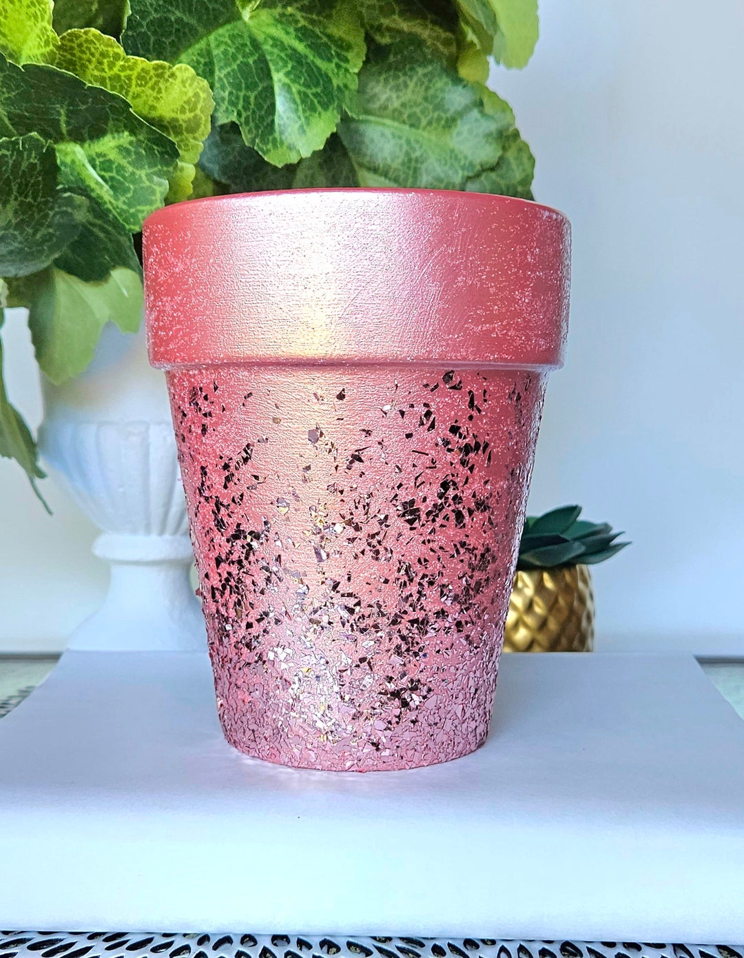 Rose Gold Plant Pot W/ Metallic Foil Flakes, Plant Lover, Gift for Her ...