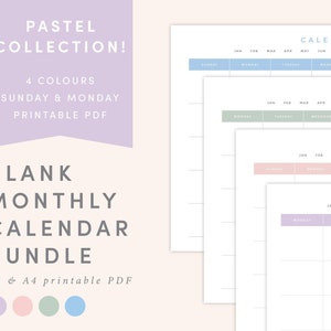 Blank Monthly Calendar Template Bundle, Pastel, Printable Calendar ...