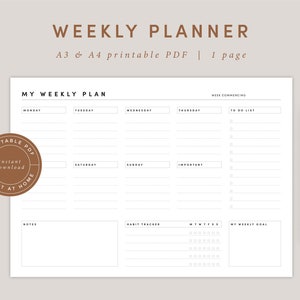 Printable Weekly Planner Landscape, A3 & A4 Printable Planner, Weekly ...