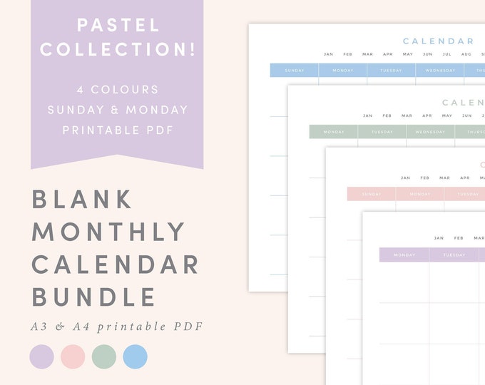 Blank Monthly Calendar Template Bundle Pastel Printable - Etsy