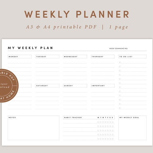 Printable Weekly Planner Landscape A3 & A4 Printable Planner - Etsy