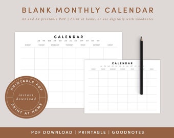 Blank Monthly Calendar printable - Etsy