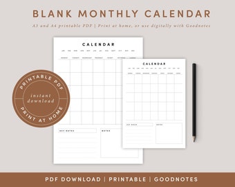 Blank Monthly Calendar printable - Etsy