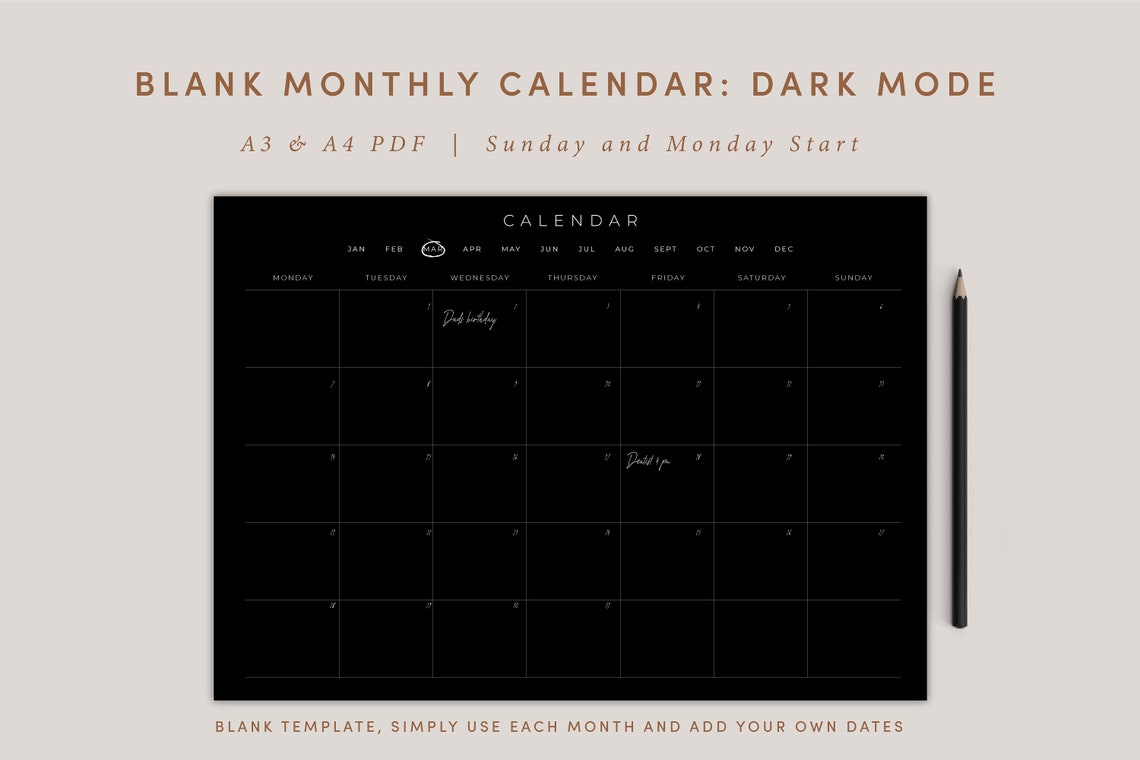 Dark Mode Blank Monthly Calendar Landscape Template Digital - Etsy