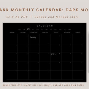 Dark Mode Blank Monthly Calendar Landscape Template Digital - Etsy