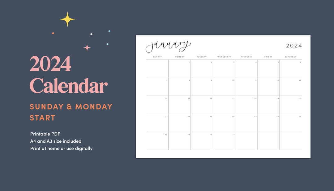 2024 Monthly Calendar Landscape, A3 & A4 Printable Calendar, Year ...