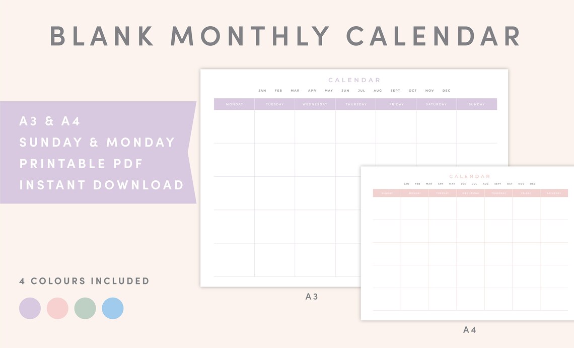 Blank Monthly Calendar Template Bundle, Pastel, Printable Calendar ...