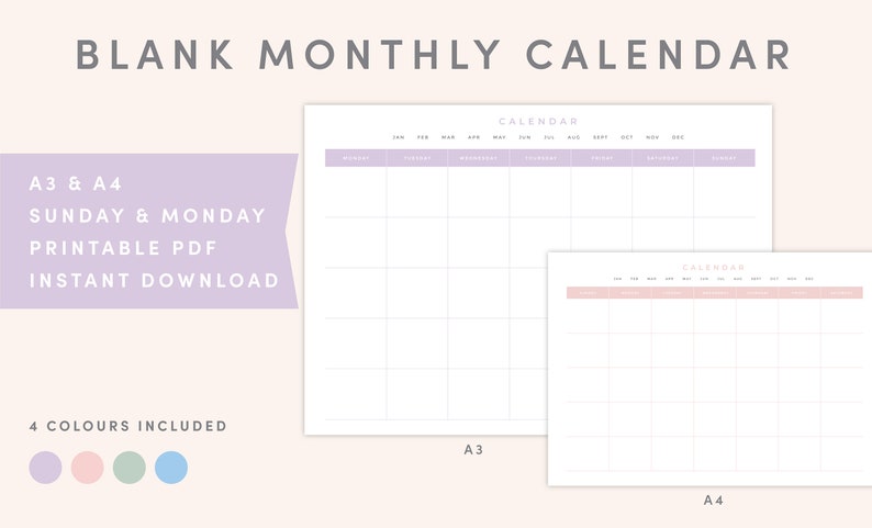 Blank Monthly Calendar Template Bundle, Pastel, Printable Calendar ...