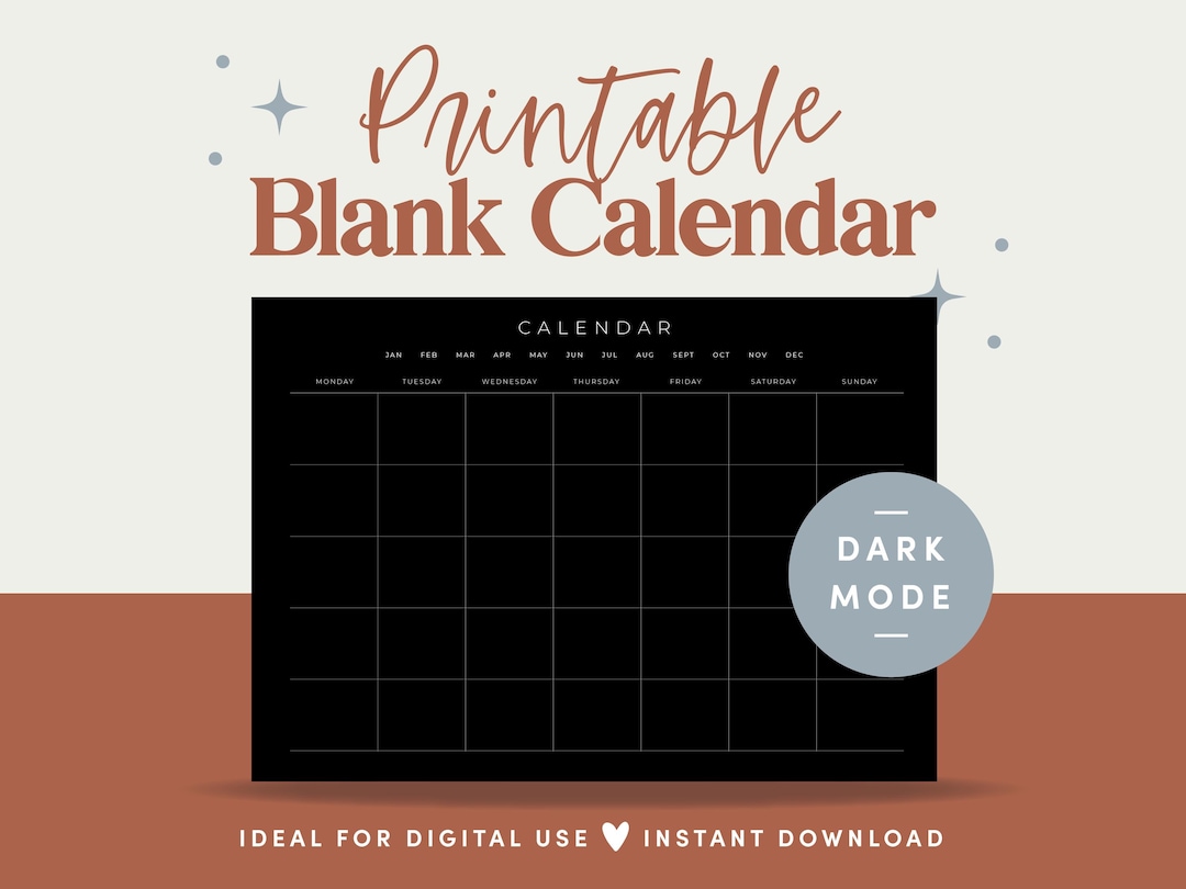 Dark Mode Blank Monthly Calendar Landscape Template, Digital Calendar ...