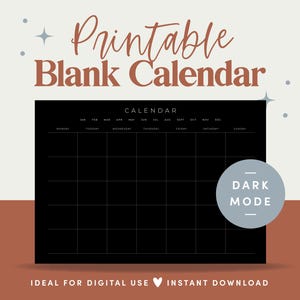 Dark Mode Blank Monthly Calendar Landscape Template, Digital Calendar ...